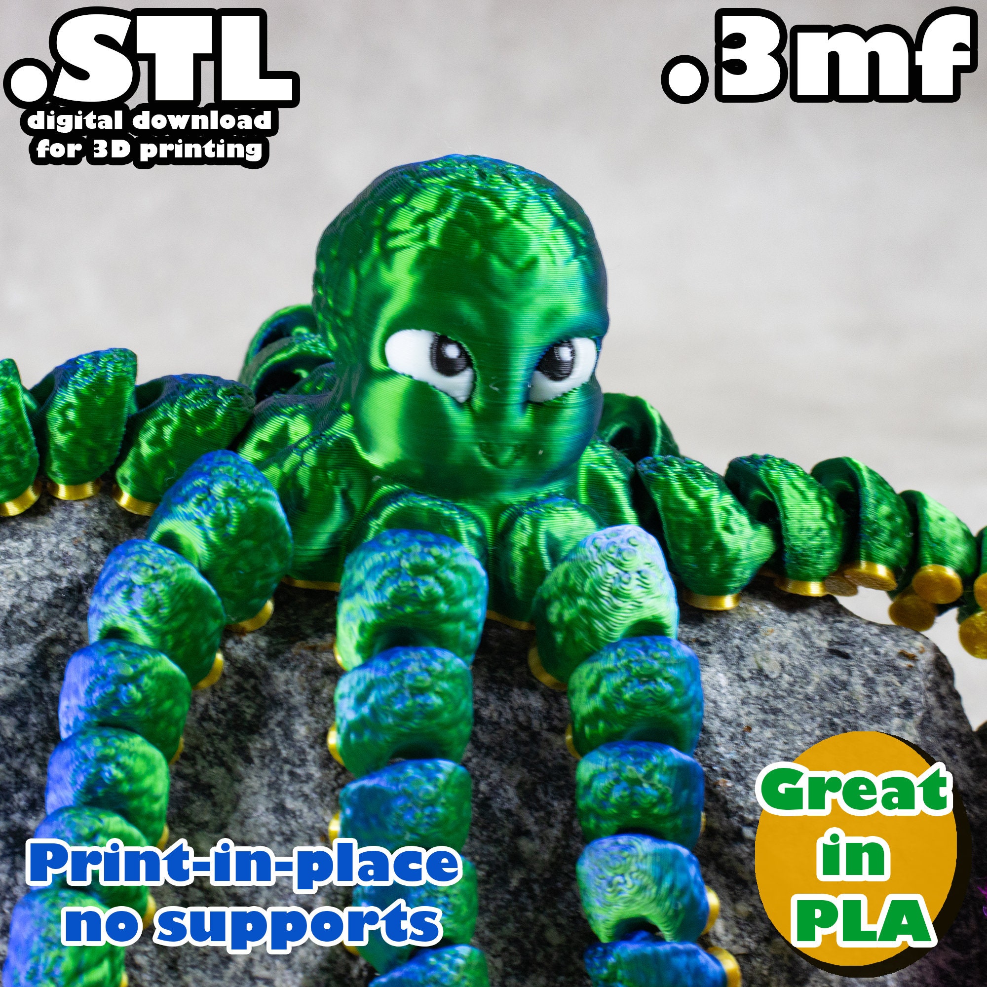 Flexi Octopus Small STL, 3mf, Print in Place, No Support, PLA, 3D Joy ...
