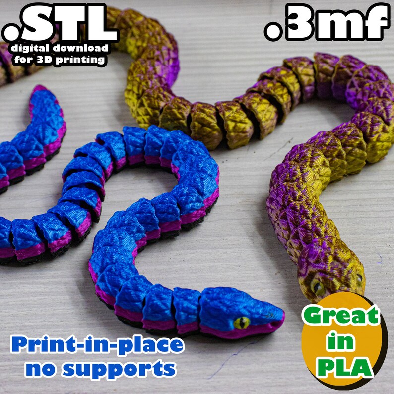 Cute Flexi Snake Toy STL 3mf, Print-in-place, No Support, PLA, 3D Joy ...