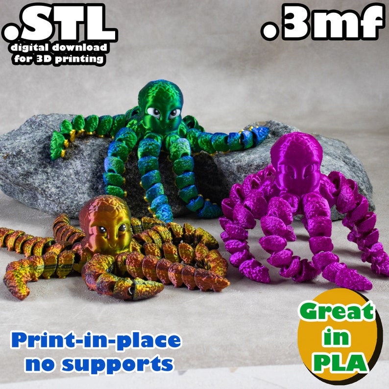 Flexi Octopus Small STL, 3mf, Print in Place, No Support, PLA, 3D Joy ...