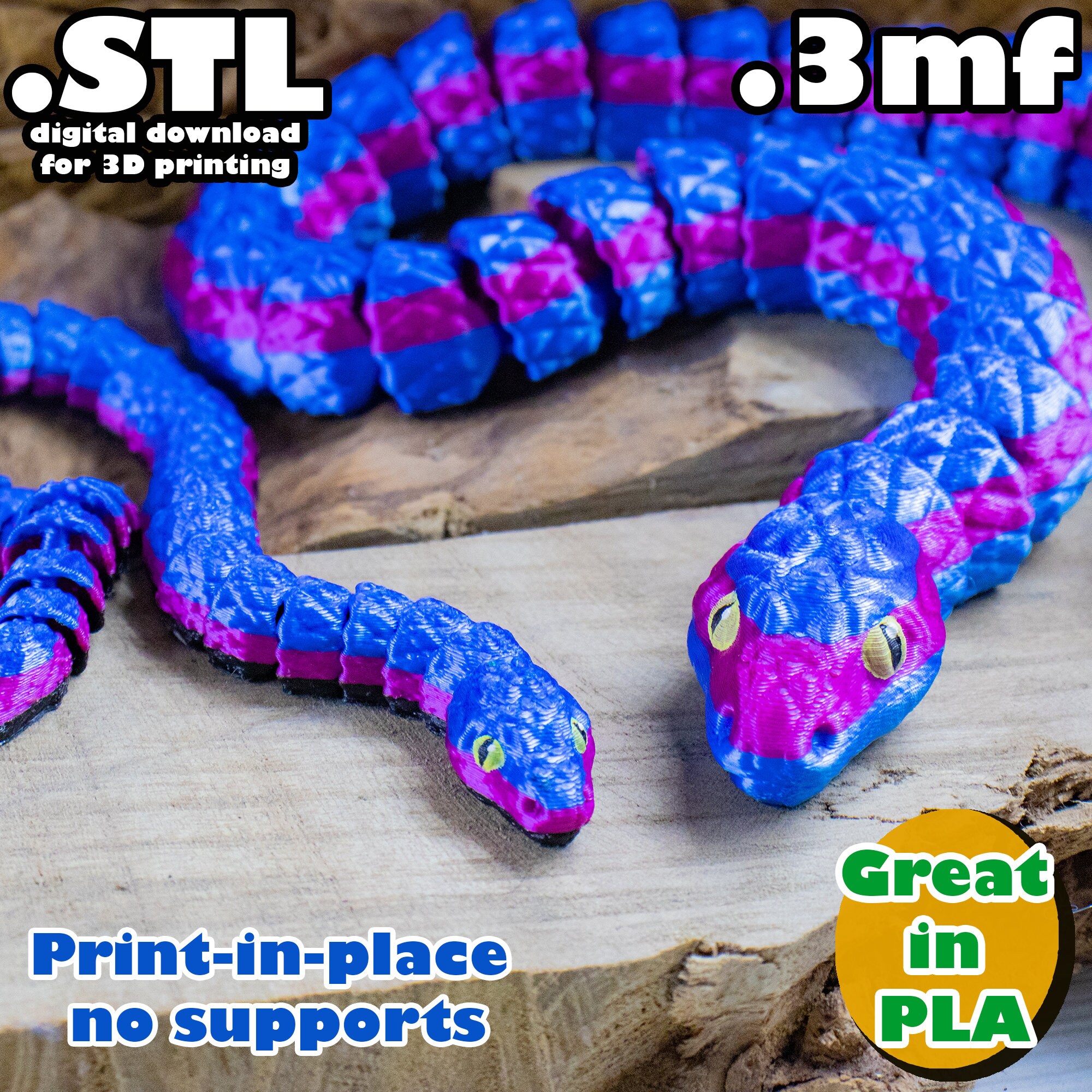 Cute Flexi Snake Toy STL 3mf, Print-in-place, No Support, PLA, 3D Joy ...