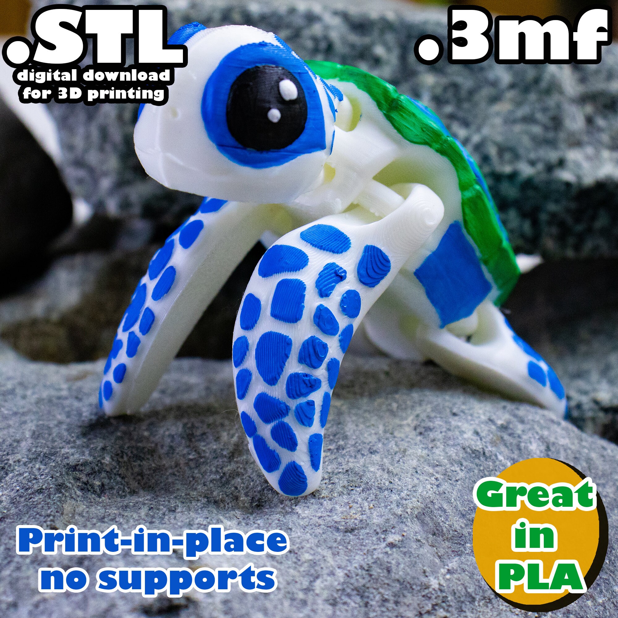 Flexi Little Sea Turtle STL, 3mf, Print in Place, No Support, PLA, 3D ...