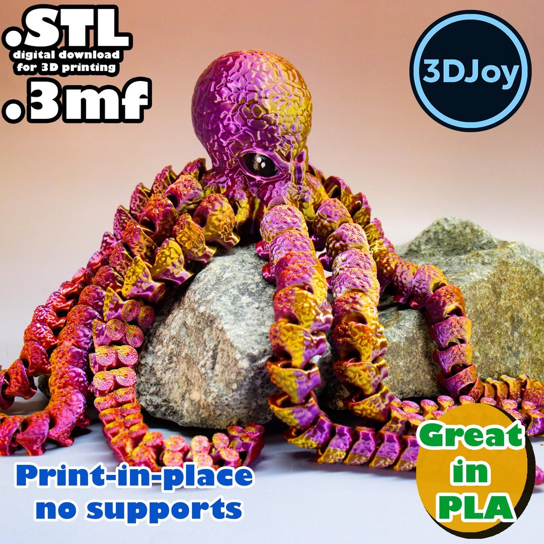 Flexi Octopus STL, 3mf, Print in Place, No Support, PLA, 3D Joy Store ...
