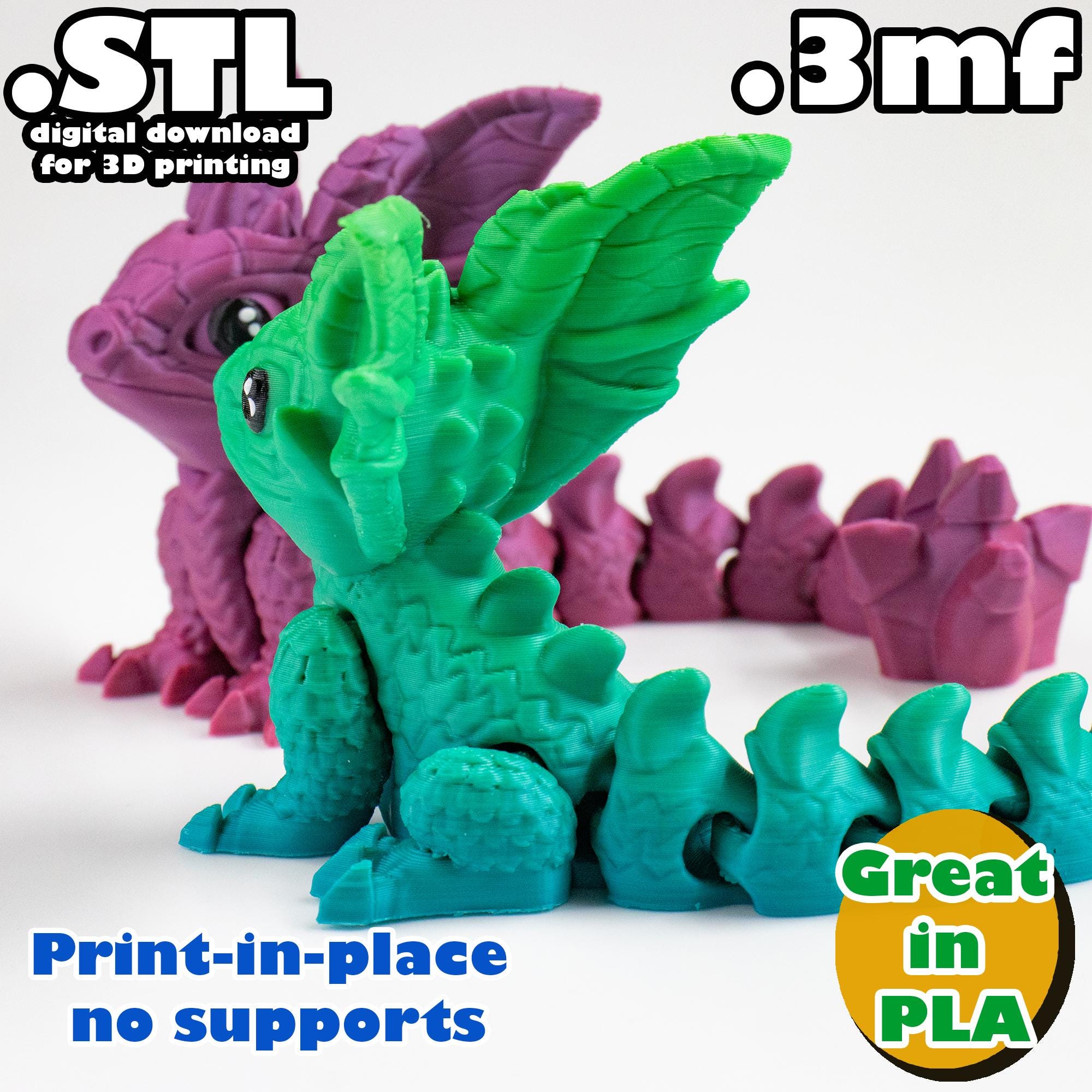 Flexi Dragon STL, 3mf, Print in Place, No Support, , PLA, 3D Joy Store ...