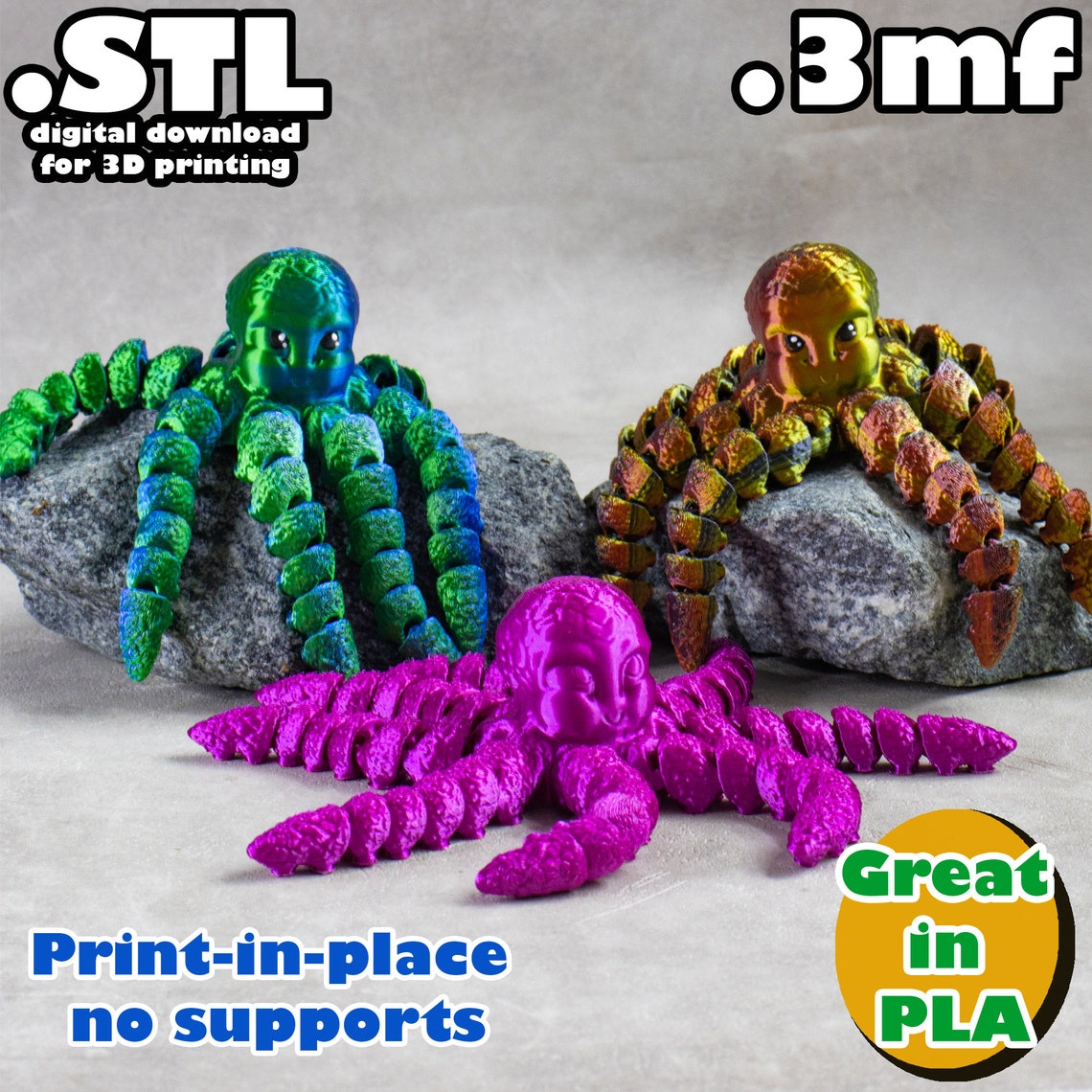 Flexi Octopus Small STL, 3mf, Print in Place, No Support, PLA, 3D Joy ...