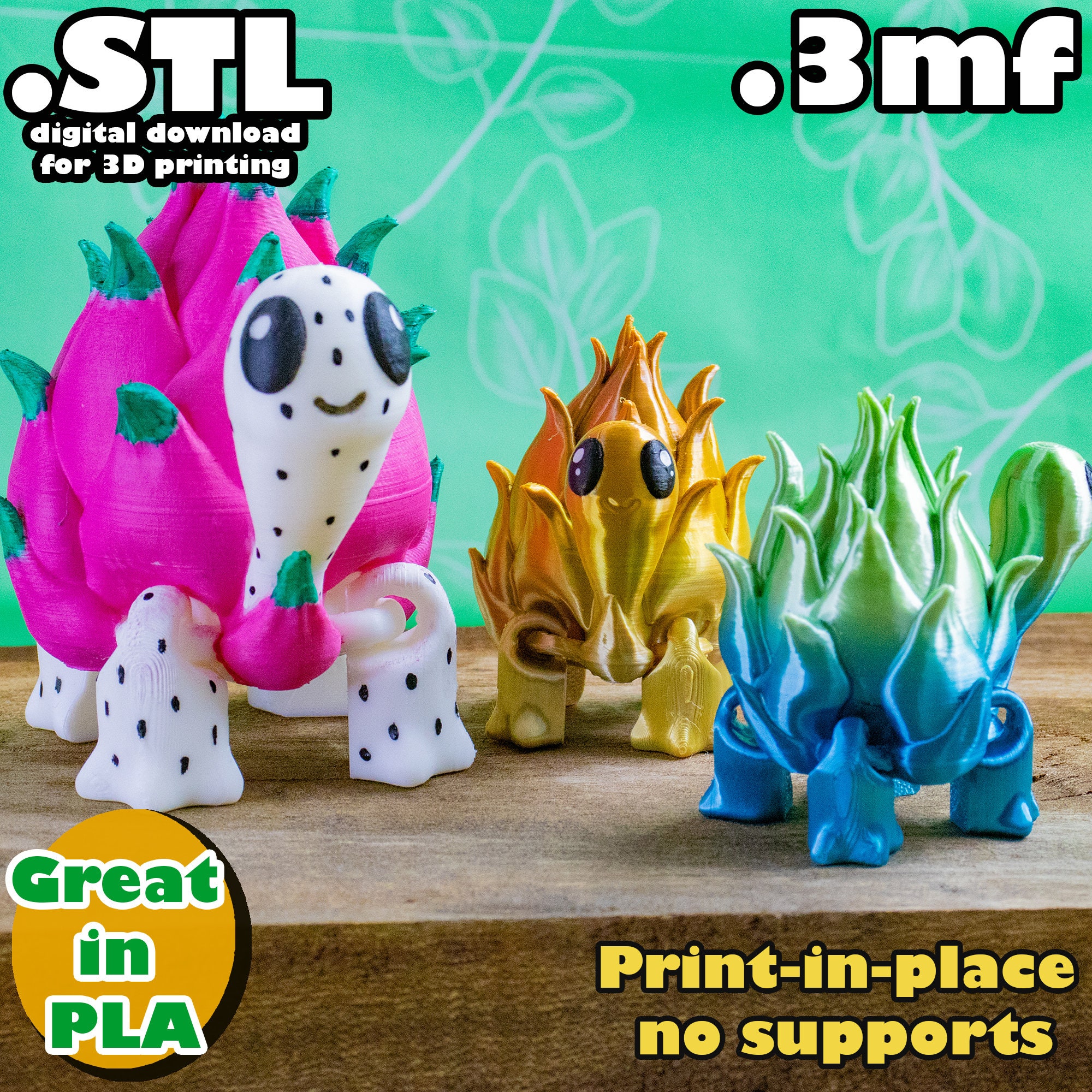 Flexi Turtle Dragon Fruit STL, 3mf, Print in Place, No Support, PLA, 3D ...