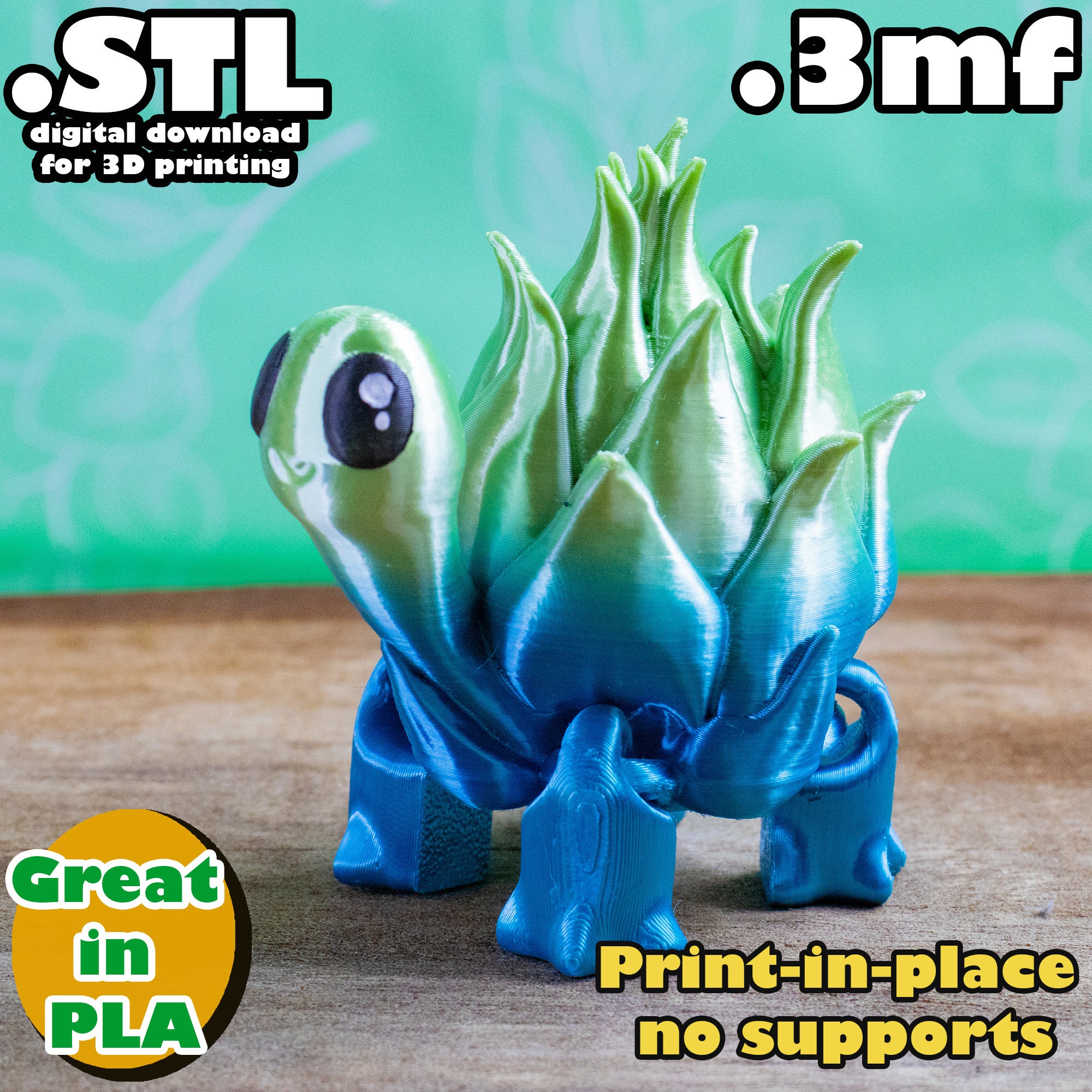 Flexi Turtle Dragon Fruit STL, 3mf, Print in Place, No Support, PLA, 3D ...