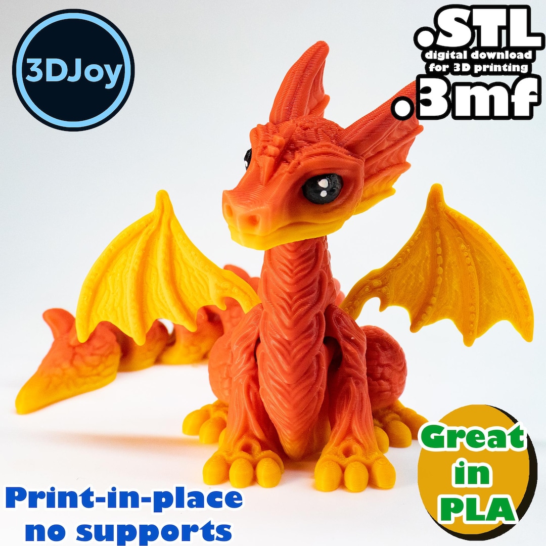 Flexi Dragon With Wings STL, 3mf, Print in Place, No Support, PLA, 3D ...