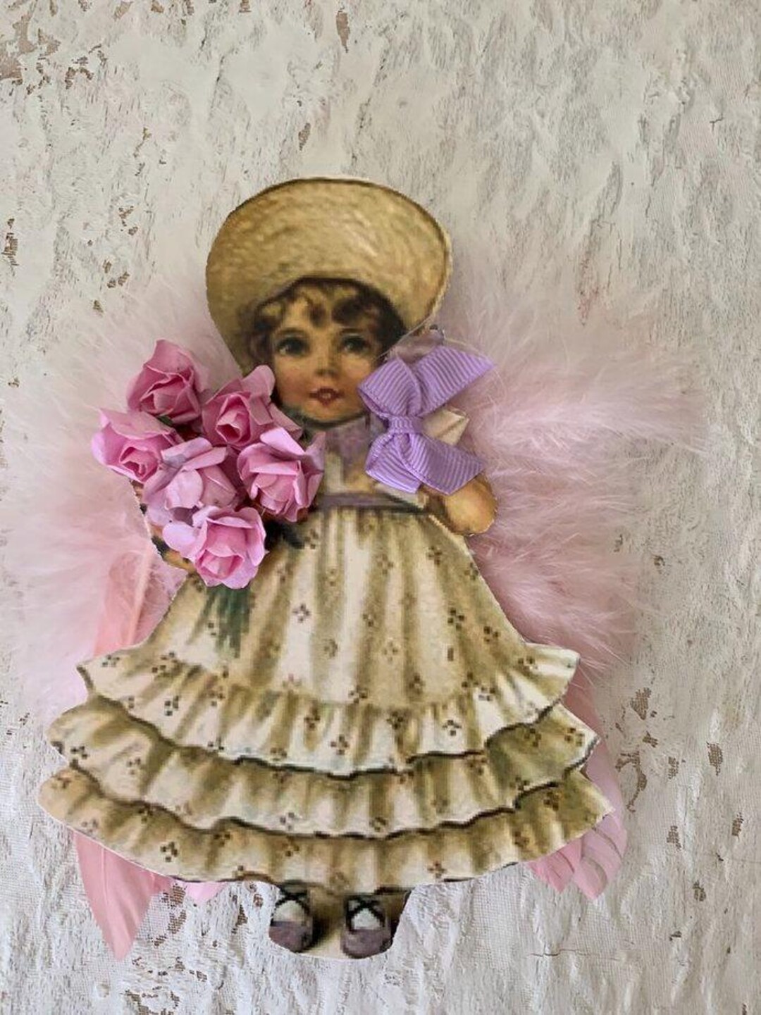 Angel Girl in a Big Bonnet With a Bouquet of Roses Ornament*oh Darling ...
