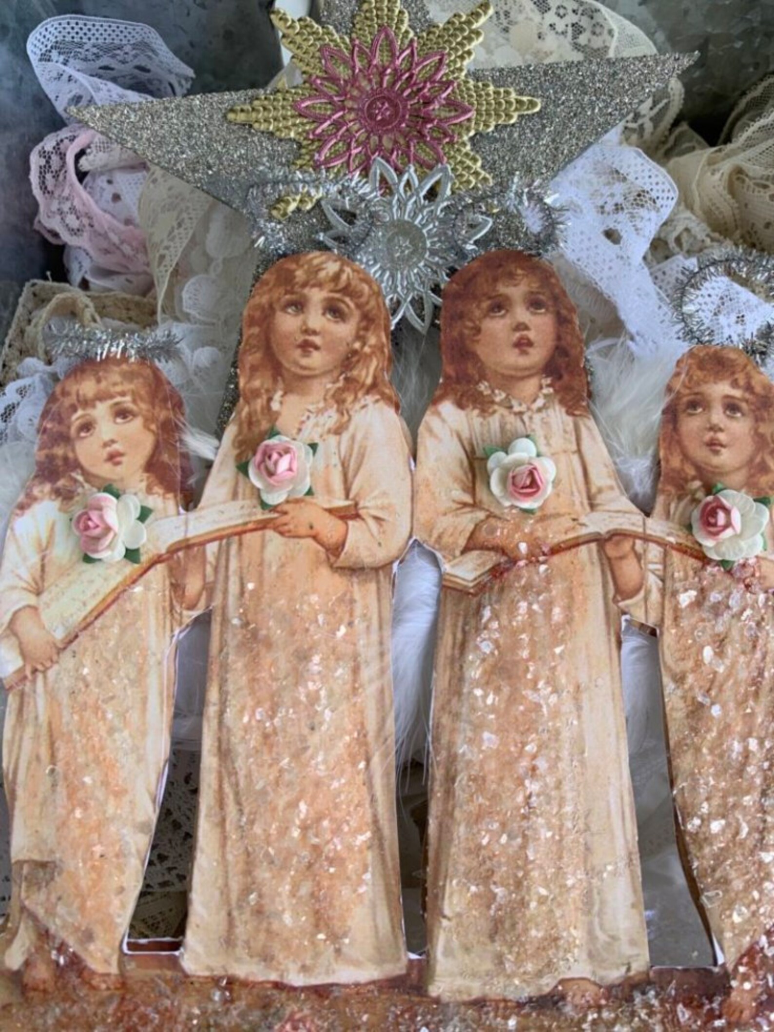 DRESDEN Victorian Handmade Angel Choir*4 Angels*german Glitter and Mica ...