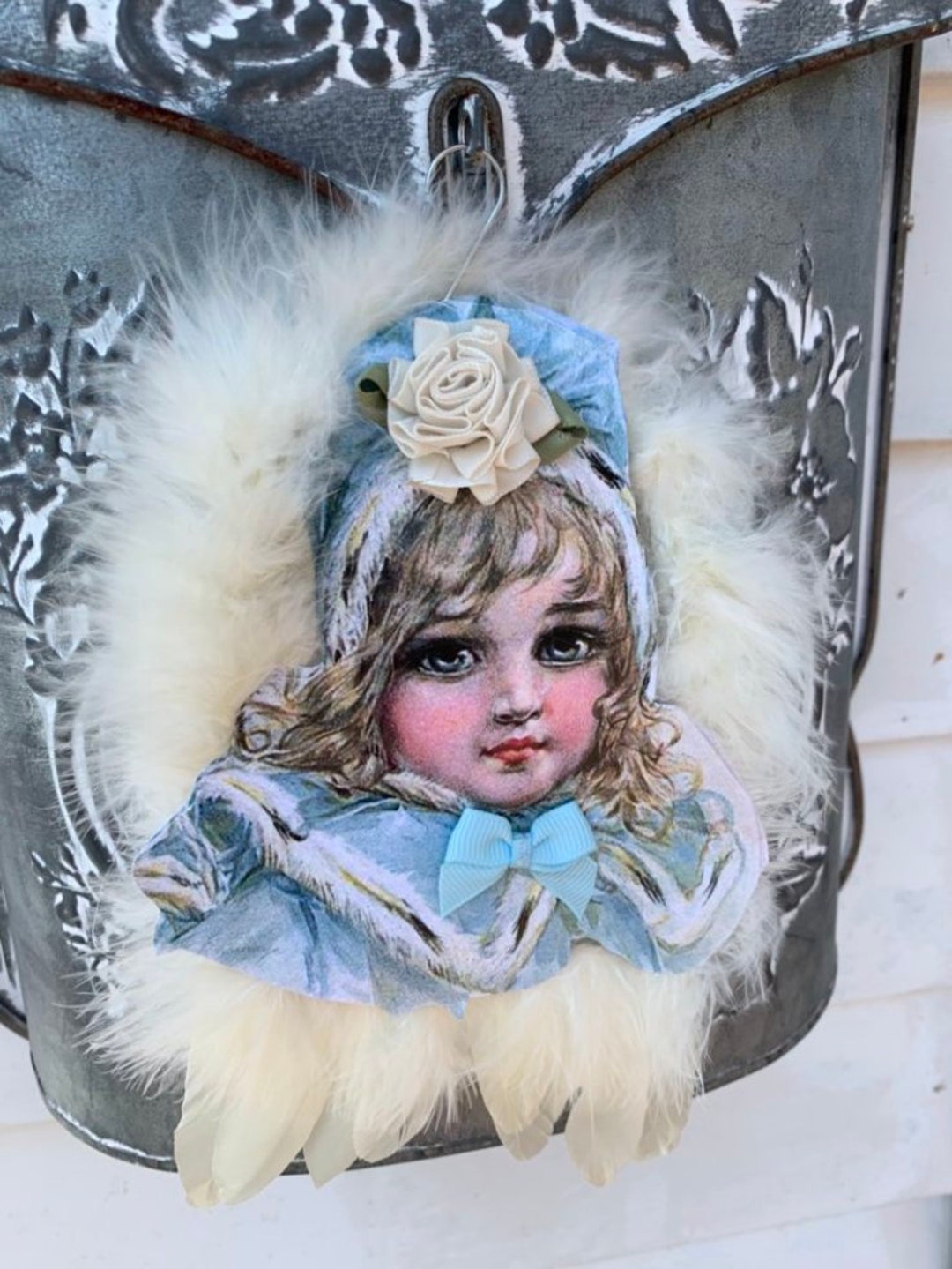 Victorian Angel Head*emma*blues*fluffy Wings&*grosgrain Ribbon Bow*boa ...