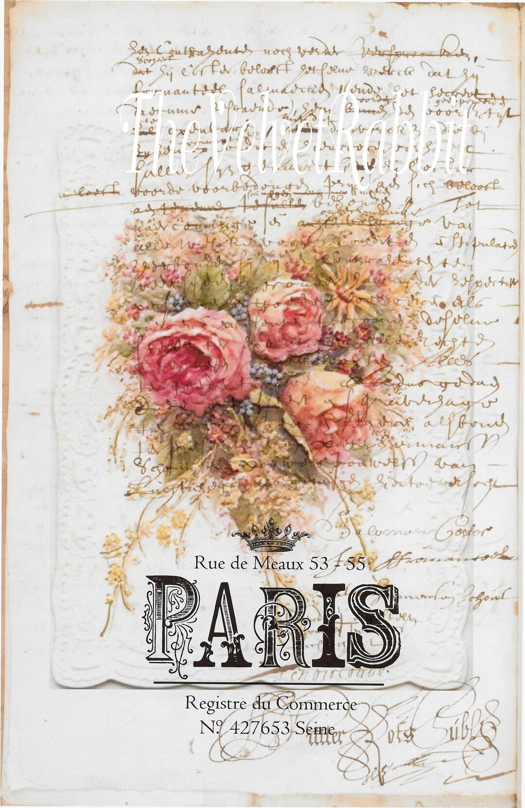 DECOUPAGE Handmade Paper*gorgeous Roses With French Script*the Heart of ...