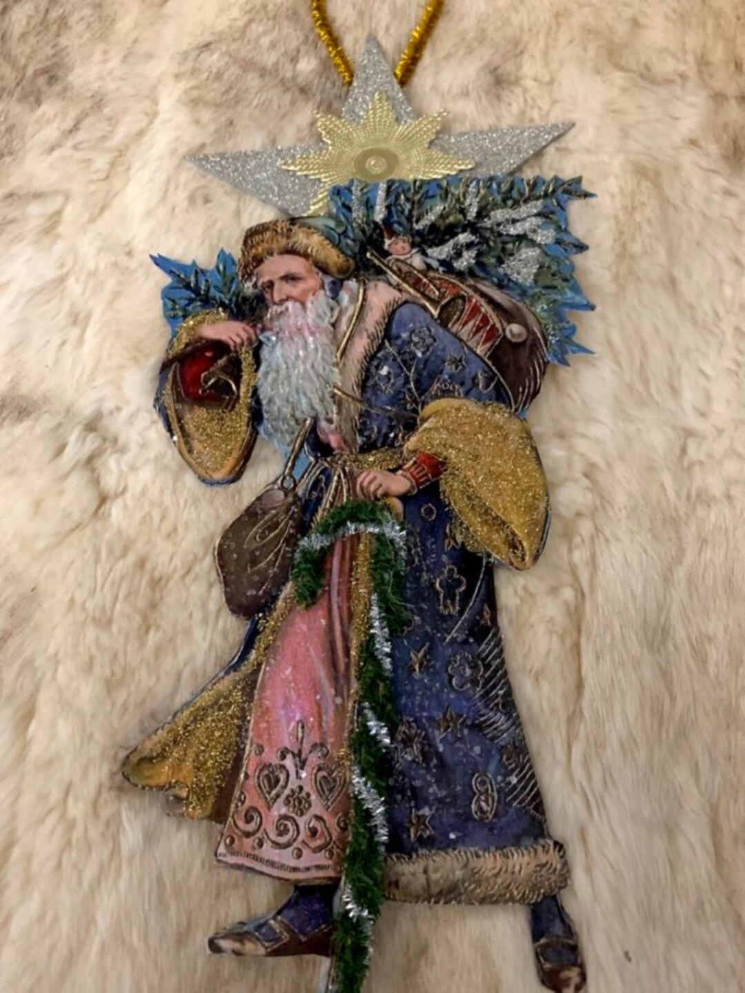 Dresden Victorian Die Cut Vintage Style Golden SANTA CLAUS Ornament ...