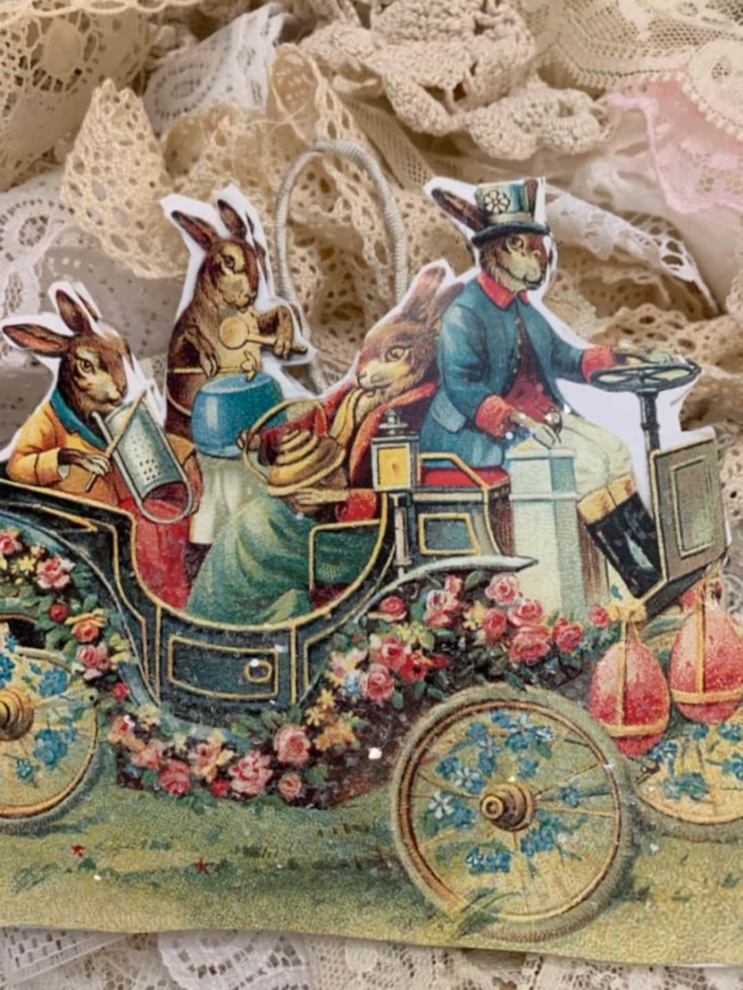 Easter Rabbits in a Motor Car Vintage Victorian Die Cut Ornament*oh ...