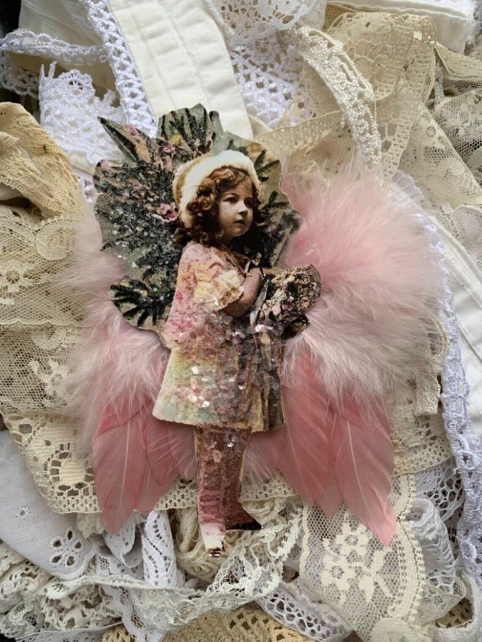 Christmas Victorian Angel Girl Ornament*pink Wings*german Glitter and ...