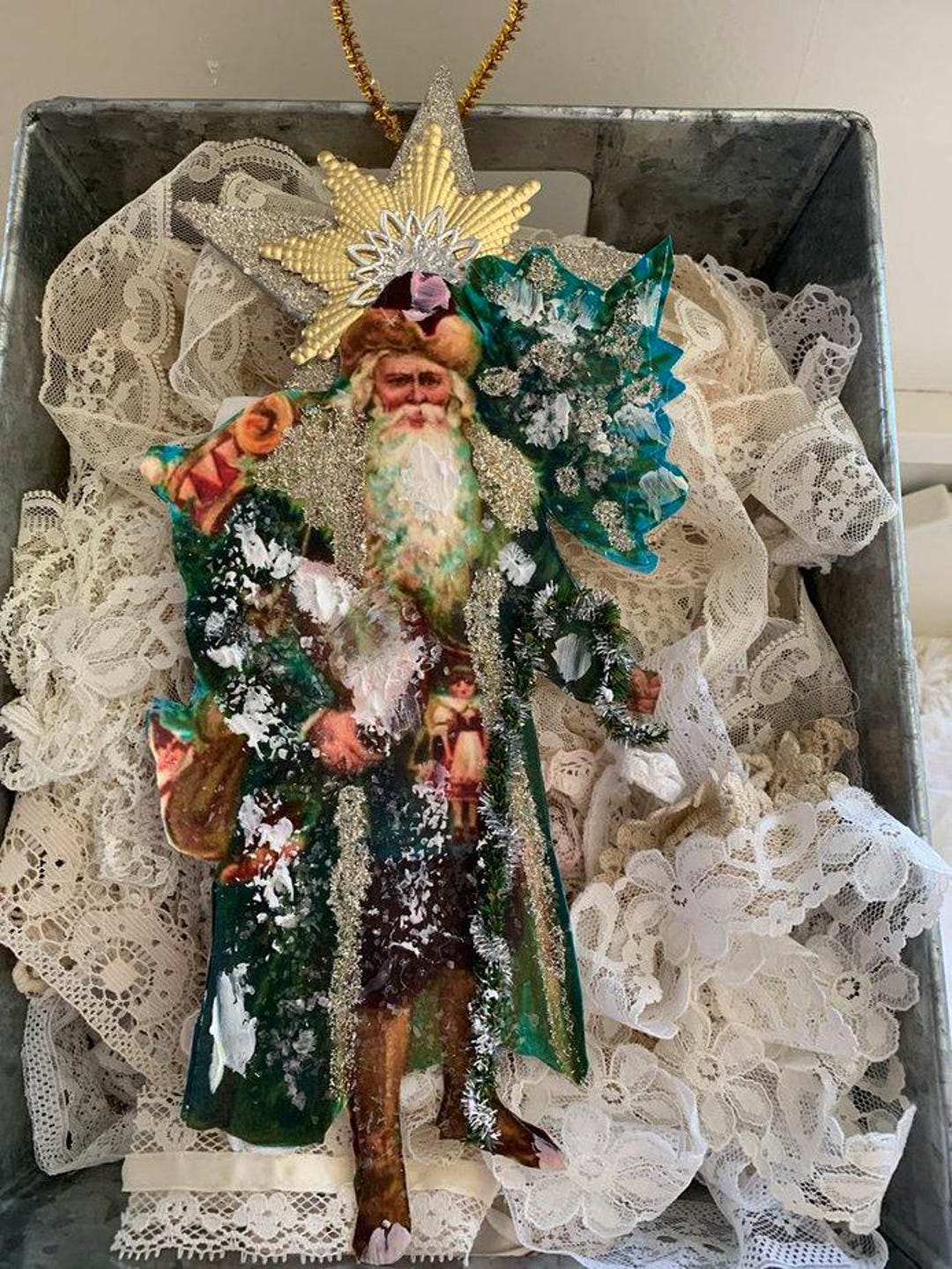 Dresden Victorian Die Cut Vintage Style GREEN Cloaked Santa Claus ...