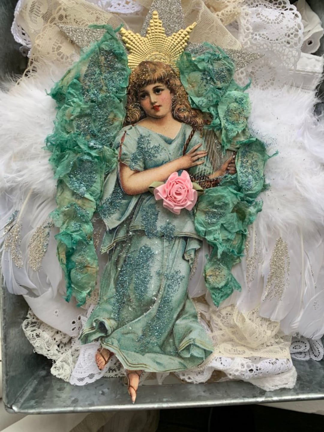Victorian Dresden Teal Angel*large*created From a Turn of the Century ...