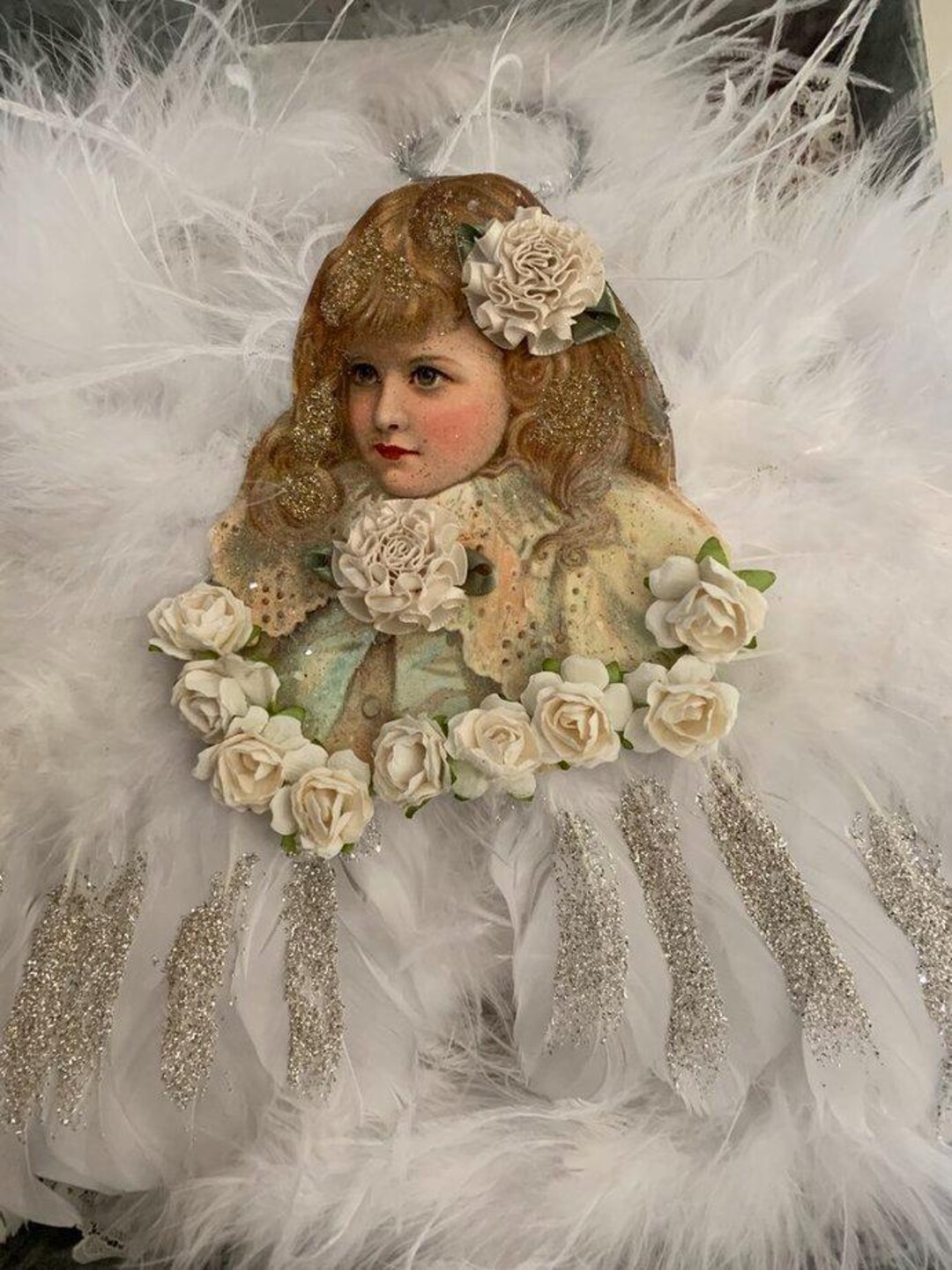 VICTORIAN Angel Head Cosette Ornament With Paper Roses and a Ribbon ...