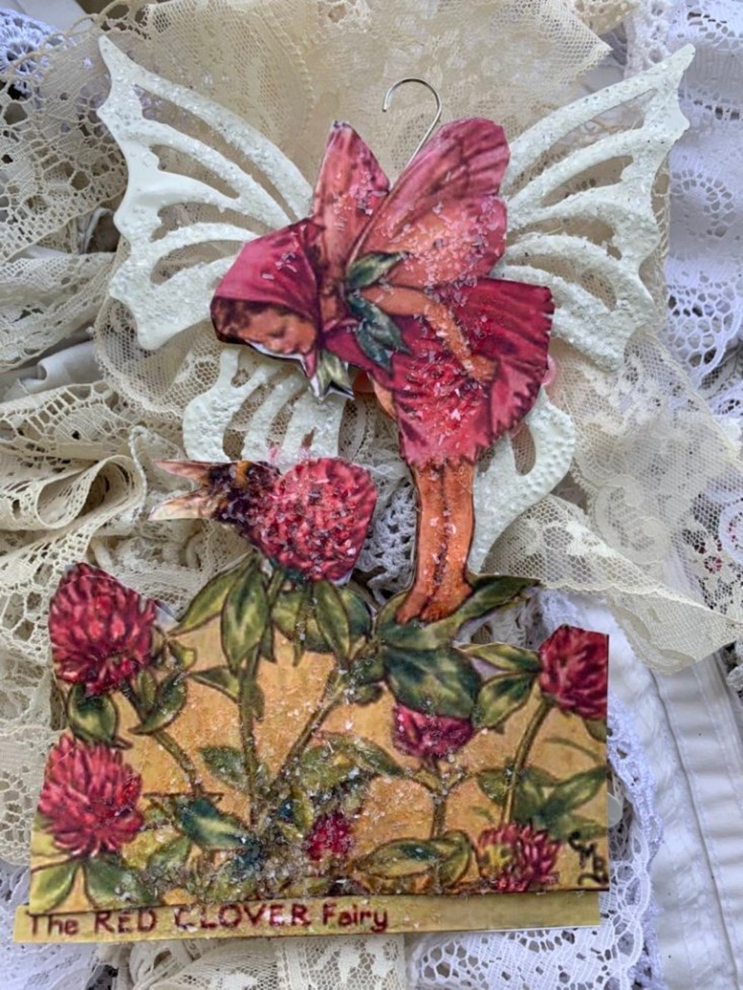 FLOWER FAIRY Red Clover Fairy Ornamenthandmadevintage Metal Butterfly ...