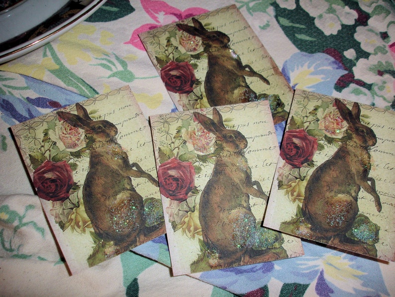 Cards.rabbit and Antique Roses French Script Postcards. Hand | Etsy