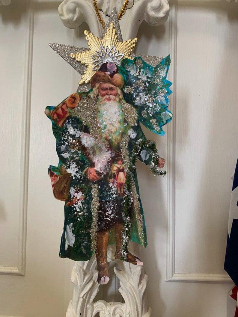 Dresden Victorian Die Cut Vintage Style GREEN Cloaked Santa Claus ...