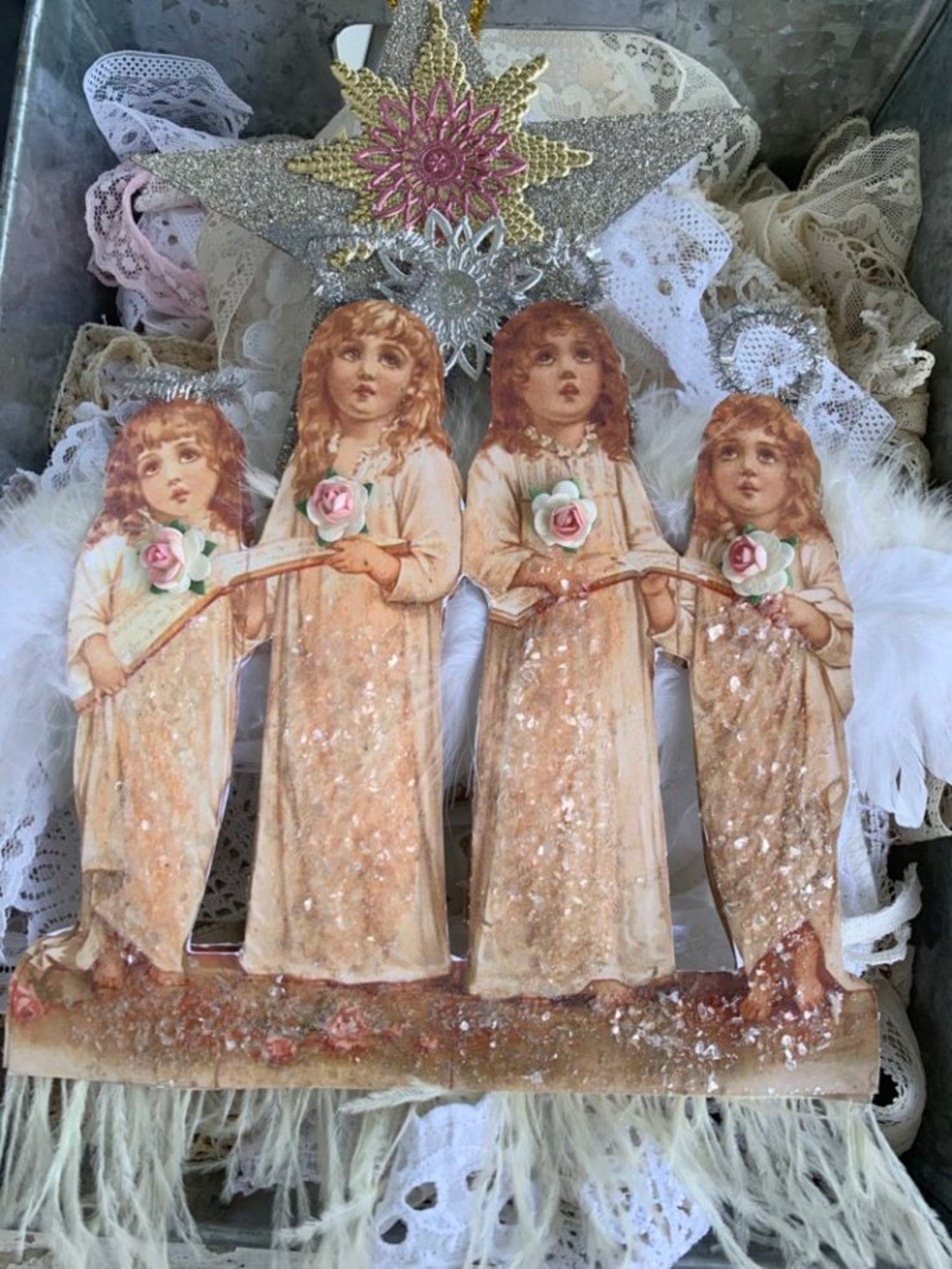 DRESDEN Victorian Handmade Angel Choir*4 Angels*german Glitter and Mica ...