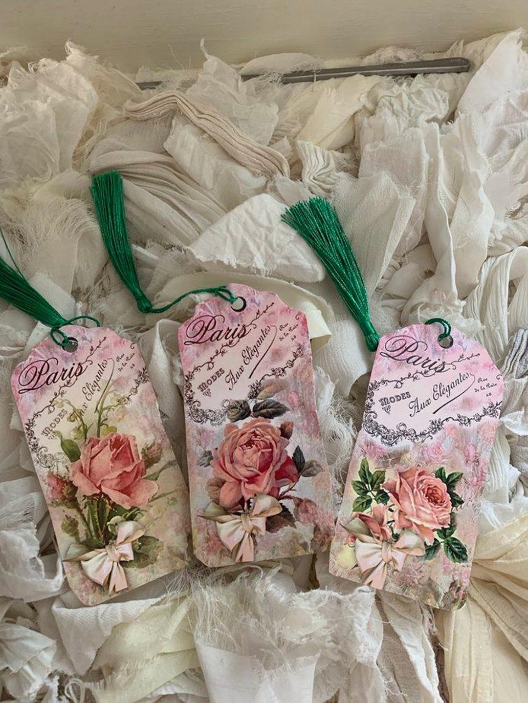 Book Mark*package Tag*tag*ornament*green Tassel*gorgeous*pink Roses ...