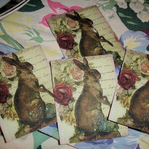 Cards.rabbit and Antique Roses French Script Postcards. Hand Glittered ...