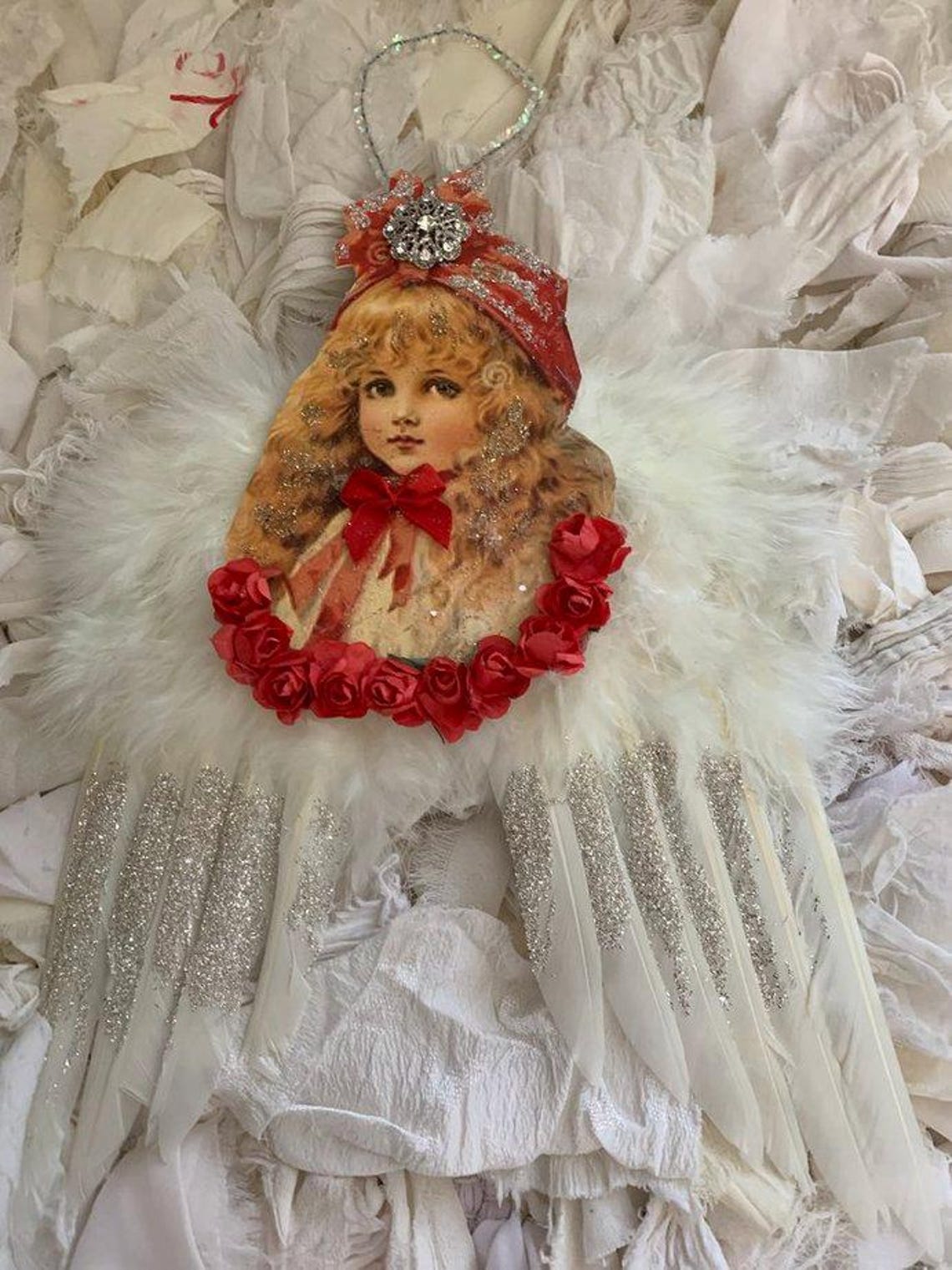 VICTORIAN Angel Head PIPER With Paper Roses and a Satin Bow*large ...