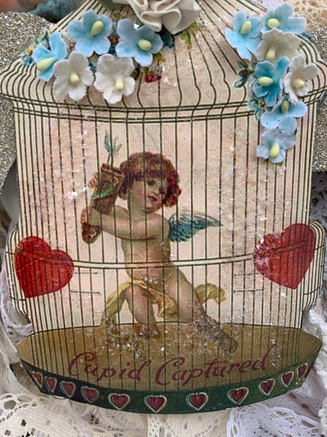 Valentine Ornament*captured Cupid in a Gilded Cage*victorian Die Cut ...