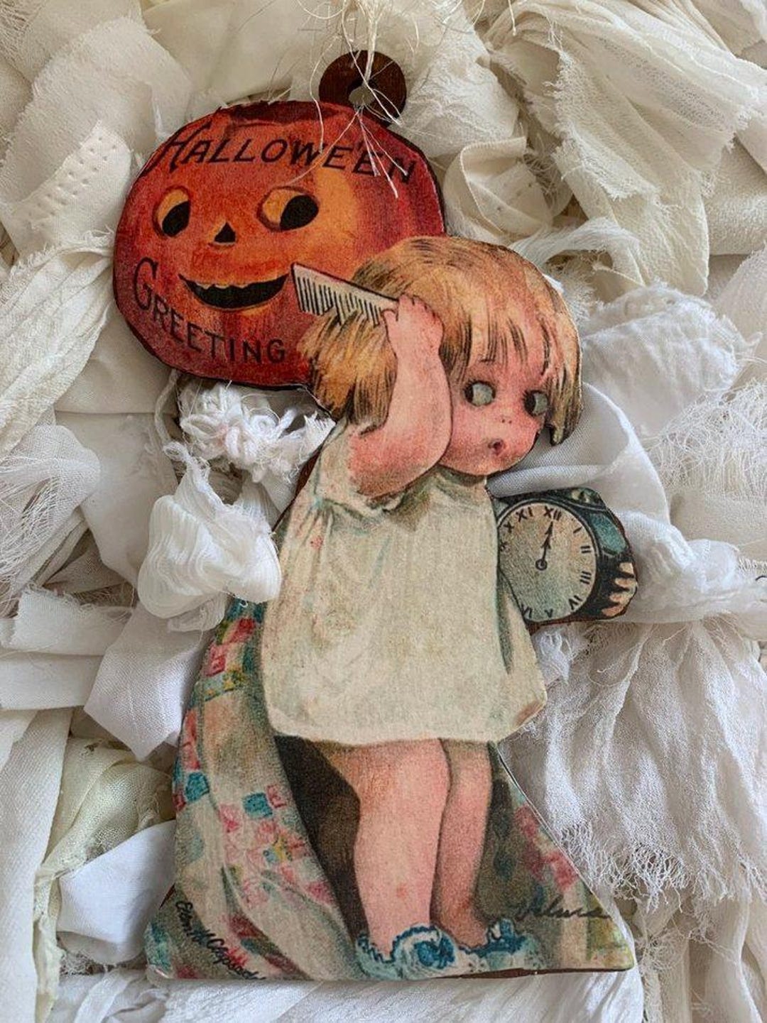 Halloween Girl With Clock Wood Ornament*two Sided*gorgeous Graphics ...