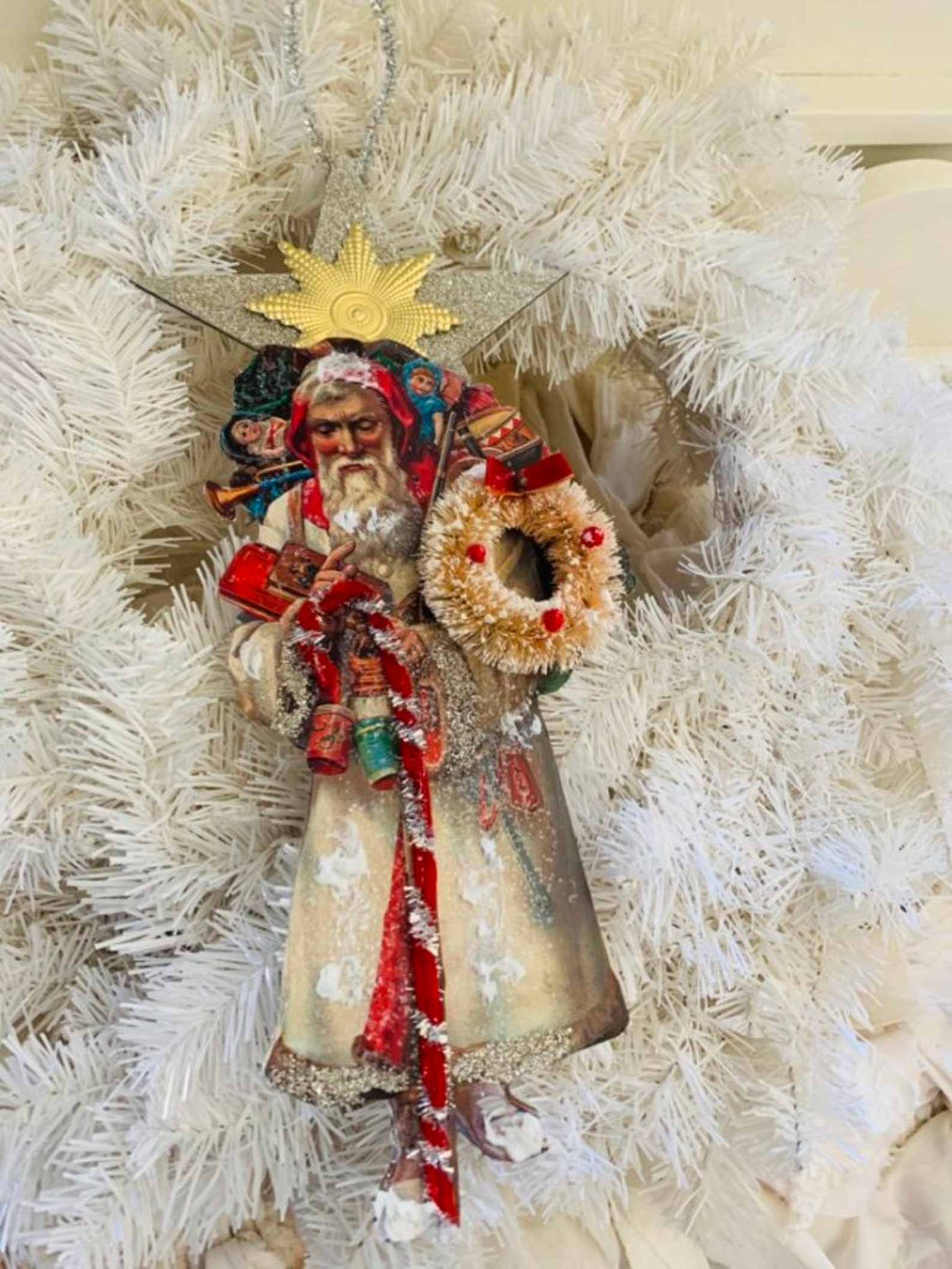 Santa Claus*dresden*victorian Style*vintage Bottle Brush Wreath*german ...