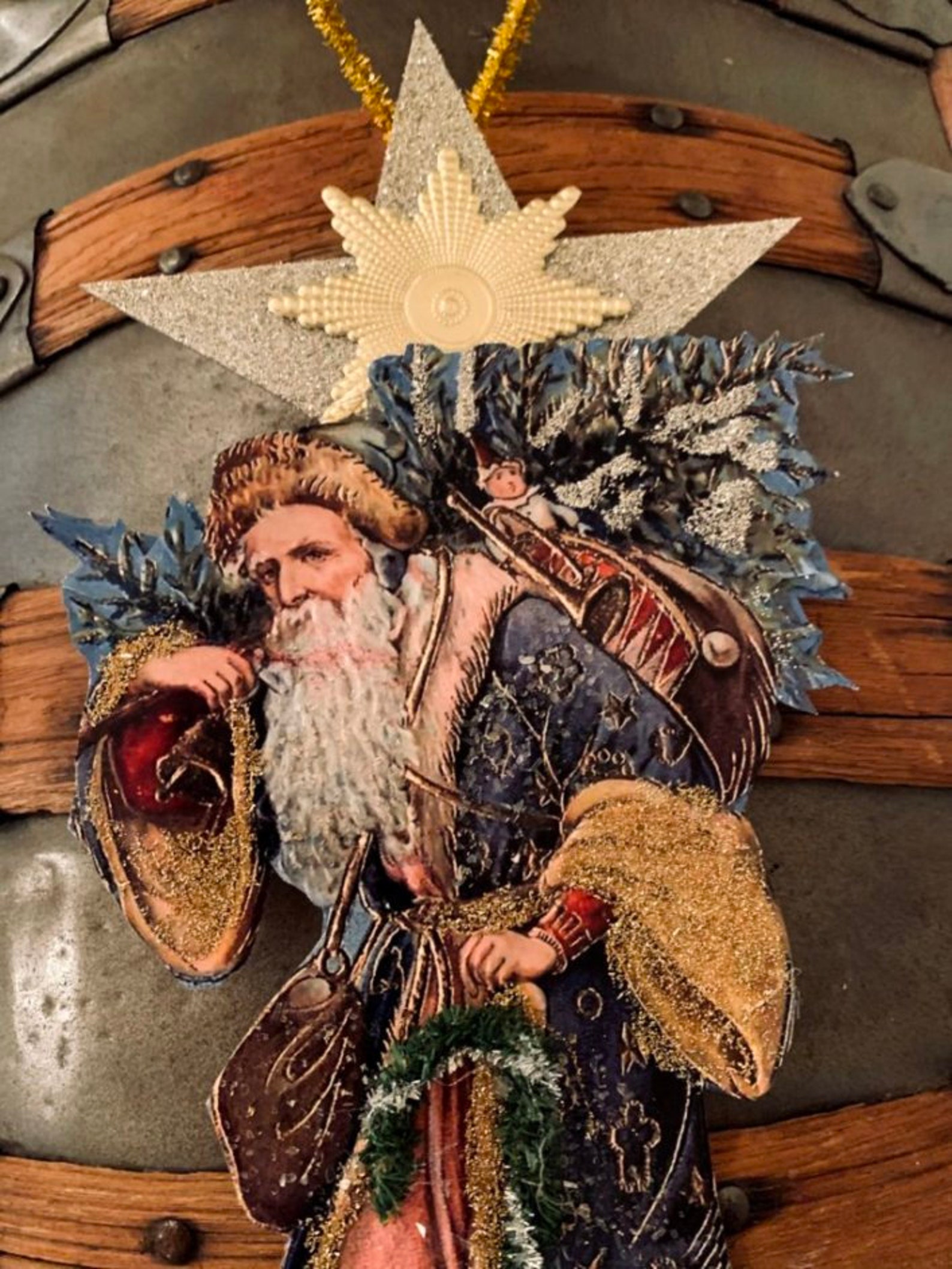 Dresden Victorian Die Cut Vintage Style Golden SANTA CLAUS Ornament ...