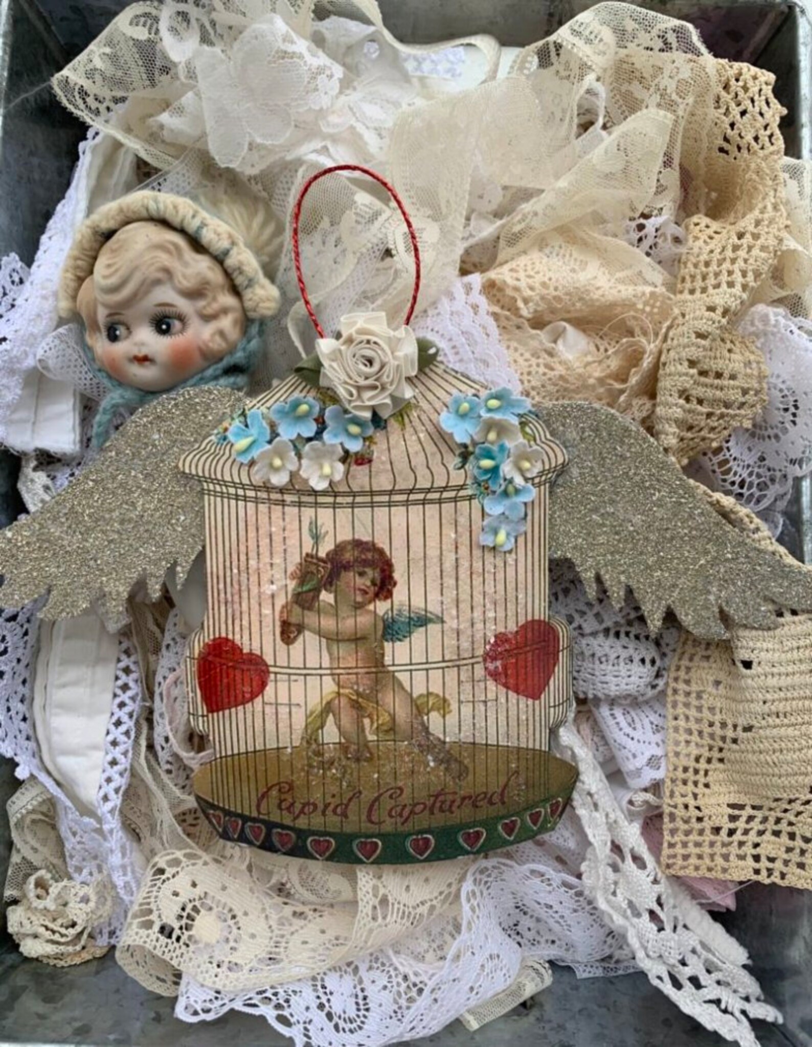 Valentine Ornament*captured Cupid in a Gilded Cage*victorian Die Cut ...