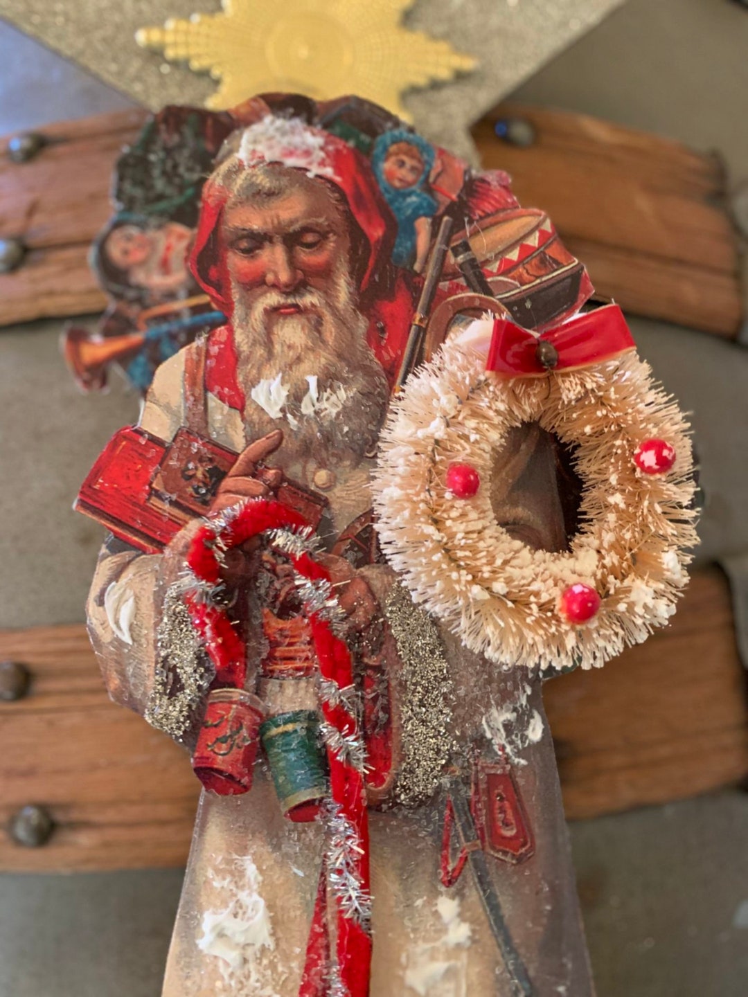 Santa Claus*dresden*victorian Style*vintage Bottle Brush Wreath*german ...