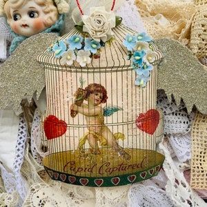 Valentine Ornament*captured Cupid in a Gilded Cage*victorian Die Cut ...