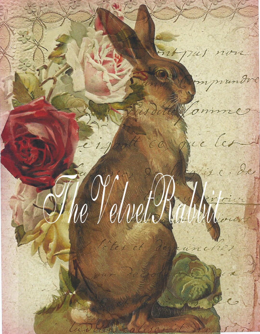 Cards.rabbit and Antique Roses French Script Postcards. Hand Glittered ...