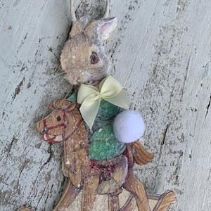 Rabbit Little Boy Rides a Toy Rocking Horse Ornament*real German ...
