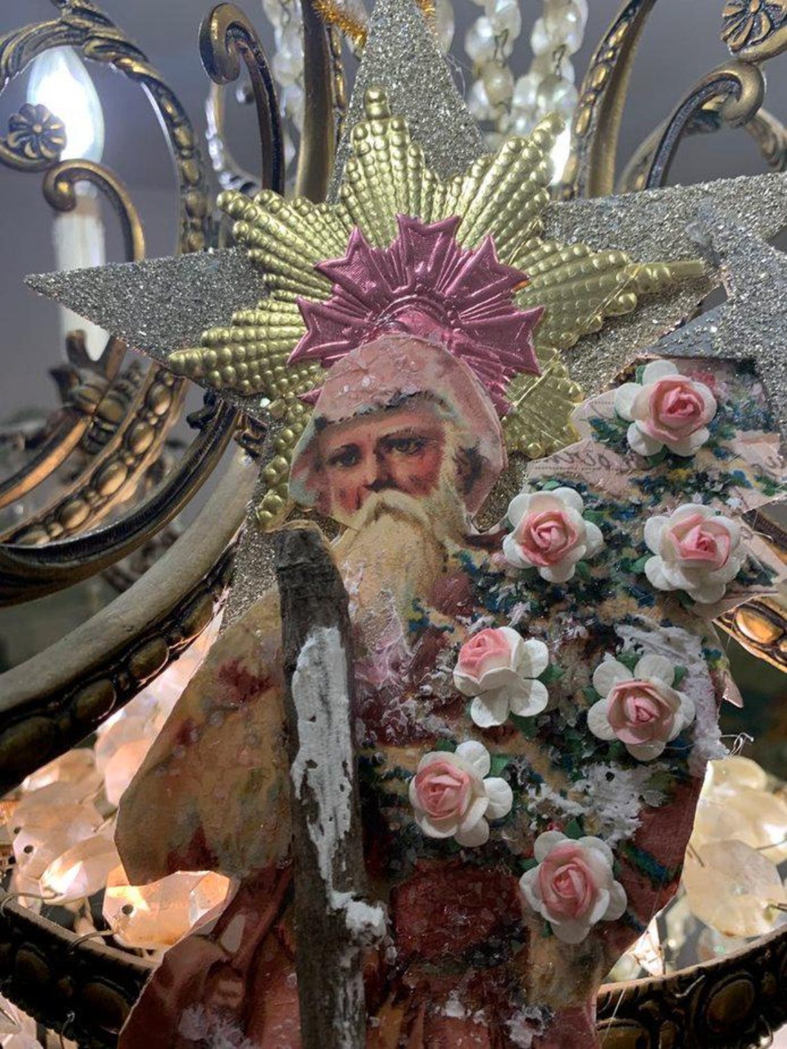 Dresden Victorian Die Cut Vintage Style Pink Old World SANTA CLAUS ...