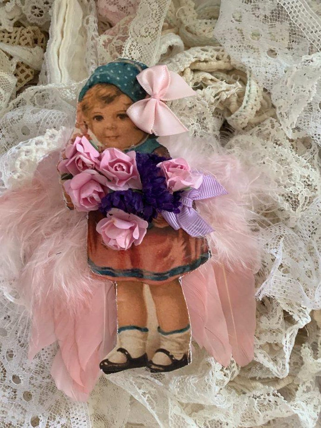 SPRING Angel Girl WITH a Bouquet of Flowers Ornament*oh Darling*pink ...