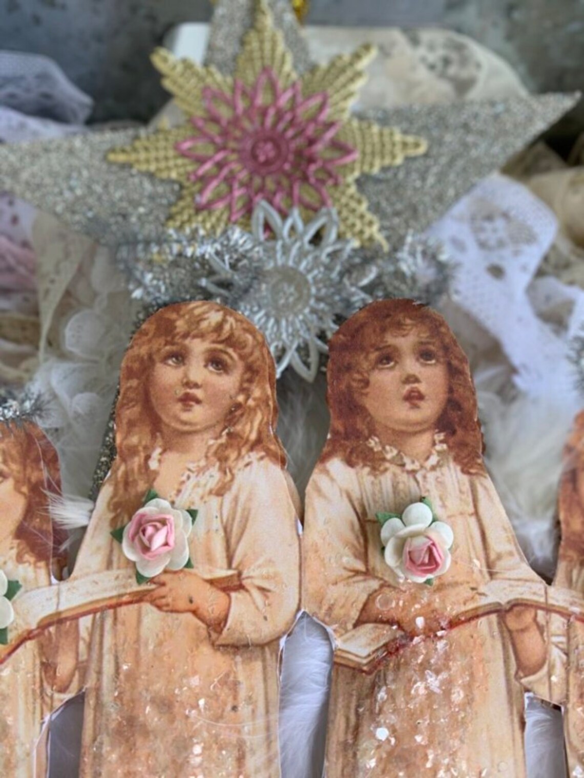 DRESDEN Victorian Handmade Angel Choir*4 Angels*german Glitter and Mica ...