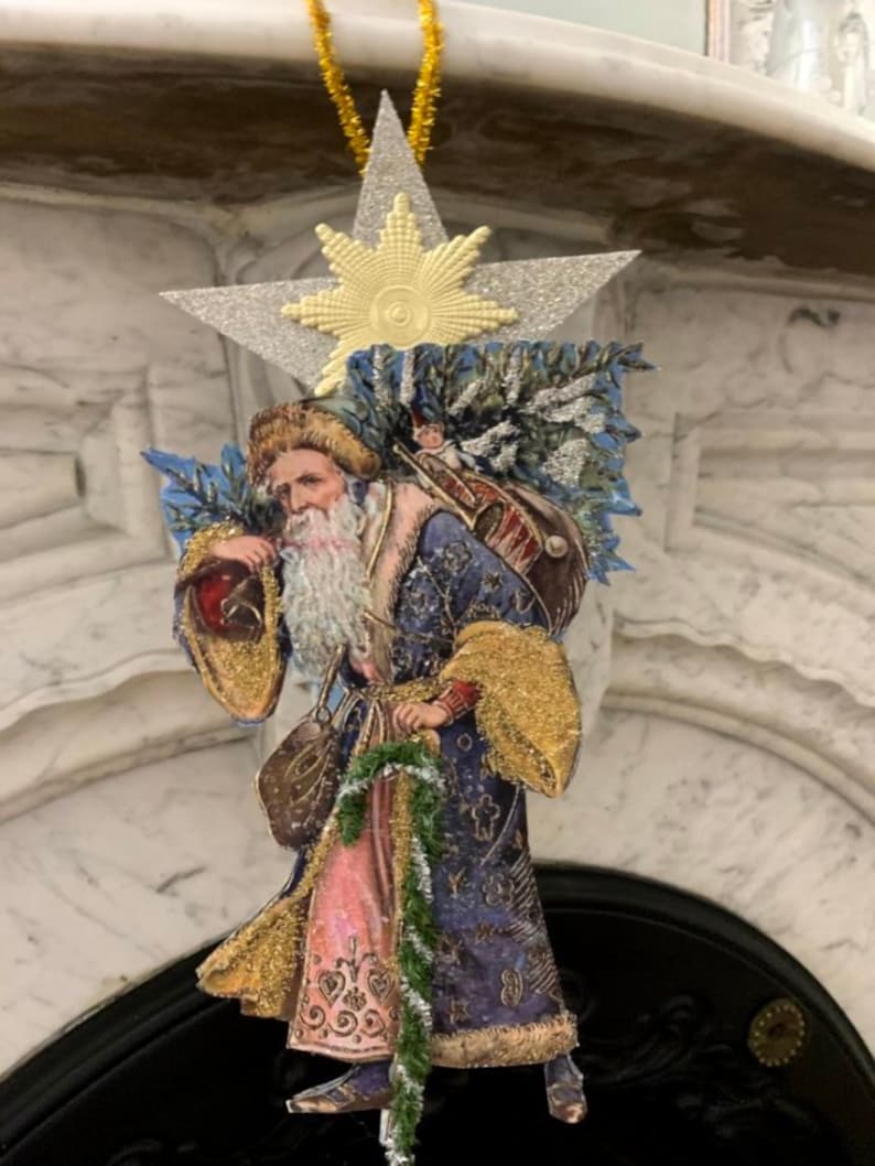Dresden Victorian Die Cut Vintage Style Golden SANTA CLAUS Ornament ...