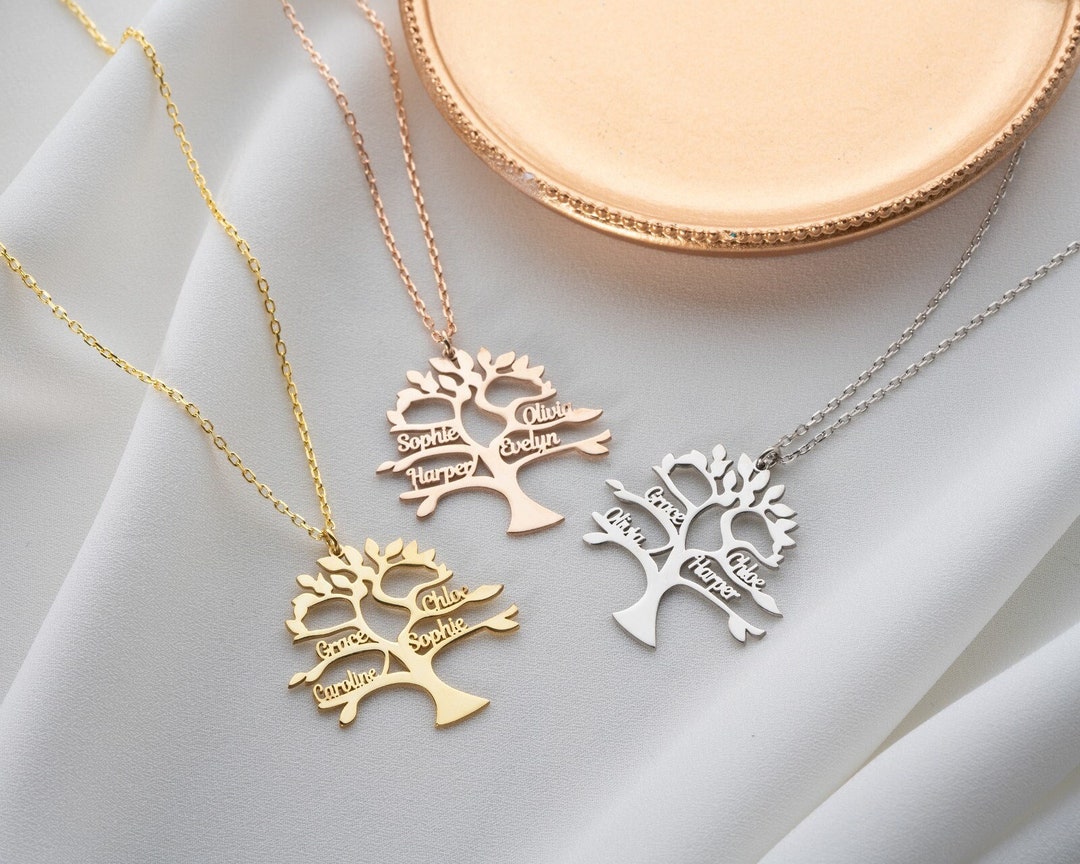 14K Solid Gold Custom Family Tree Necklace Solid Gold Family Members ...