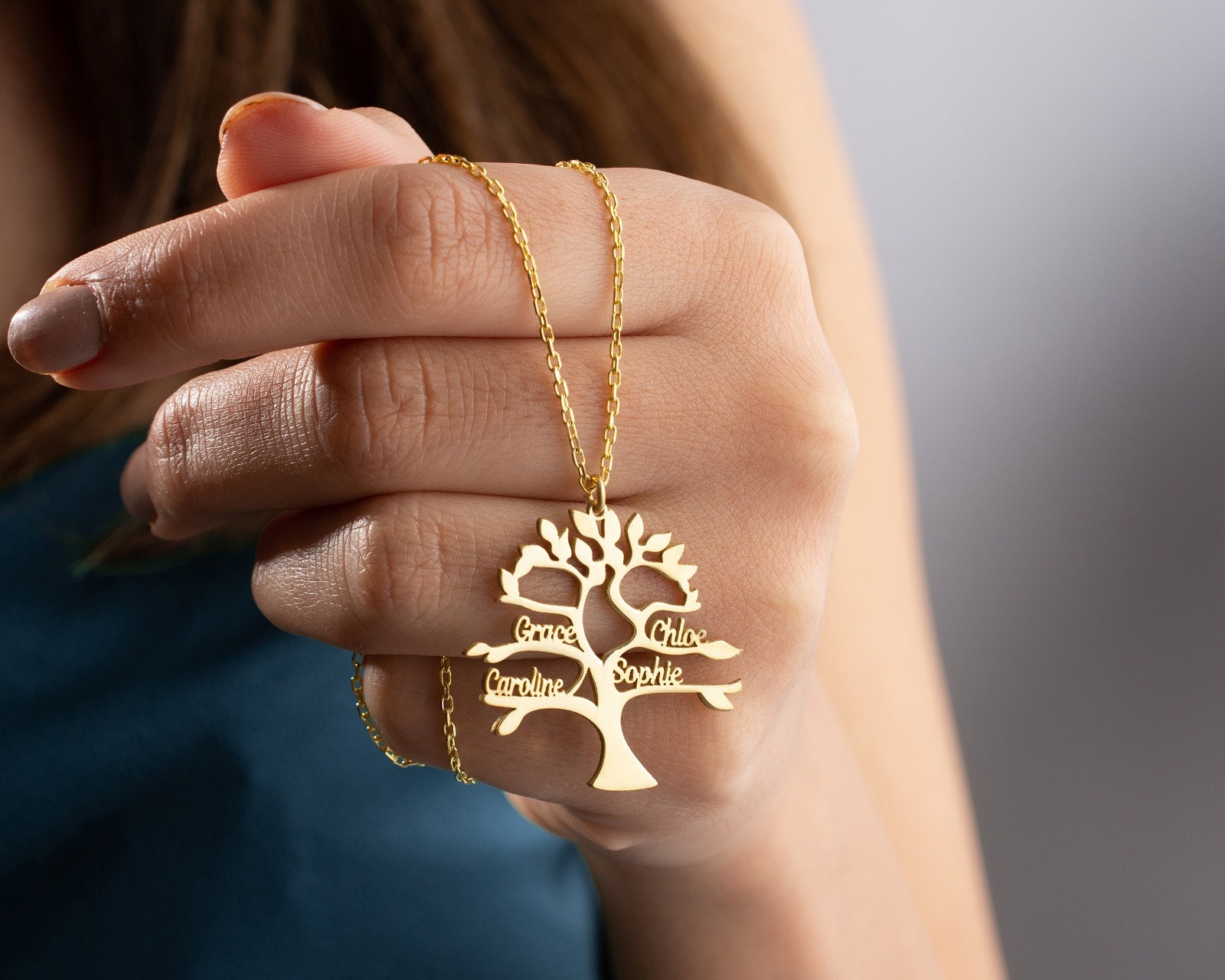 14K Solid Gold Custom Family Tree Necklace Solid Gold Family Members ...