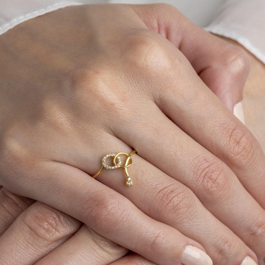 14K Solid Gold Link Wedding Band Women Minimalist Anniversary Ring Cz Gold Ring Engagement Ring ...