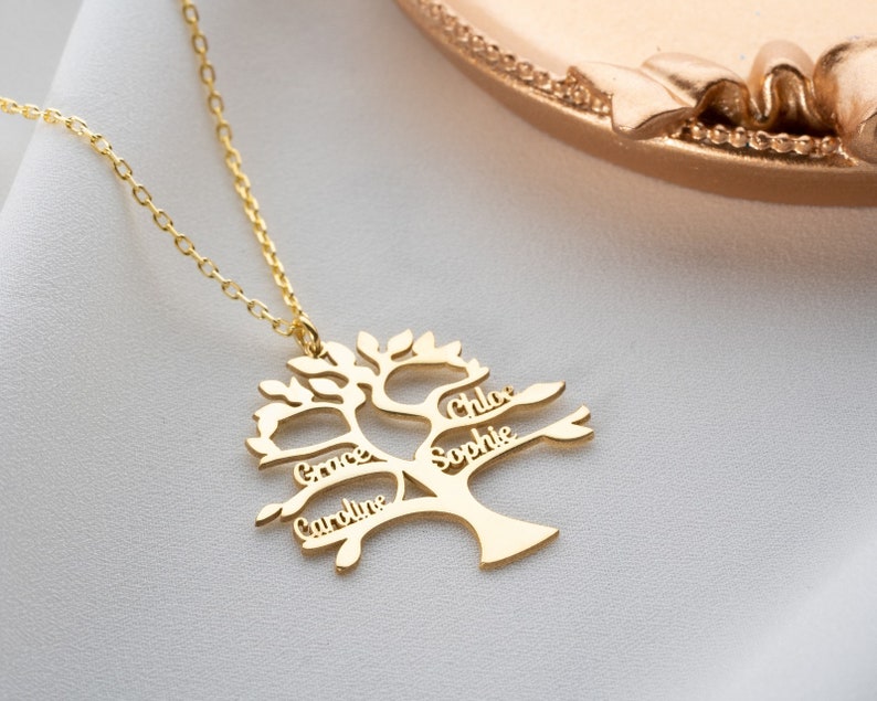 14K Solid Gold Custom Family Tree Necklace Solid Gold Family Members ...