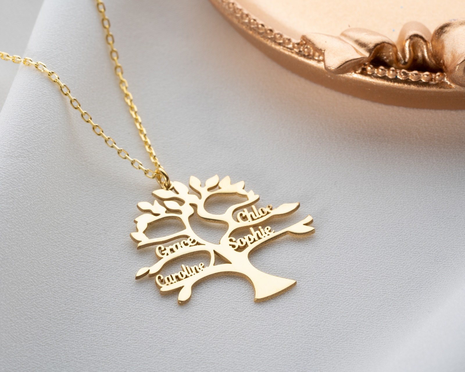 14K Solid Gold Custom Family Tree Necklace Solid Gold Family Members ...
