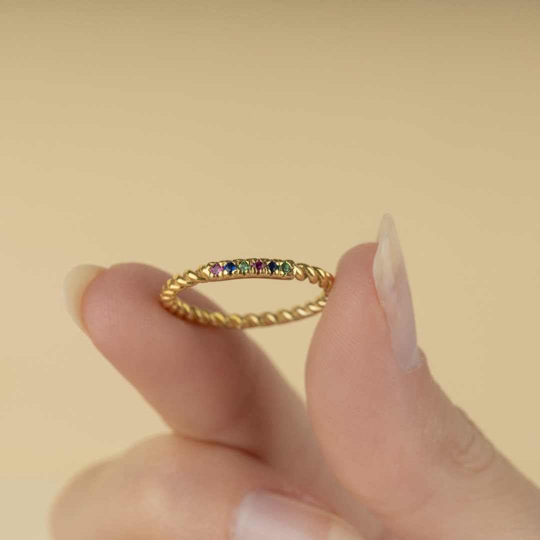 14K Gold Twisted Birthstone Ring Solid Gold Family Ring Birthstone Ring ...
