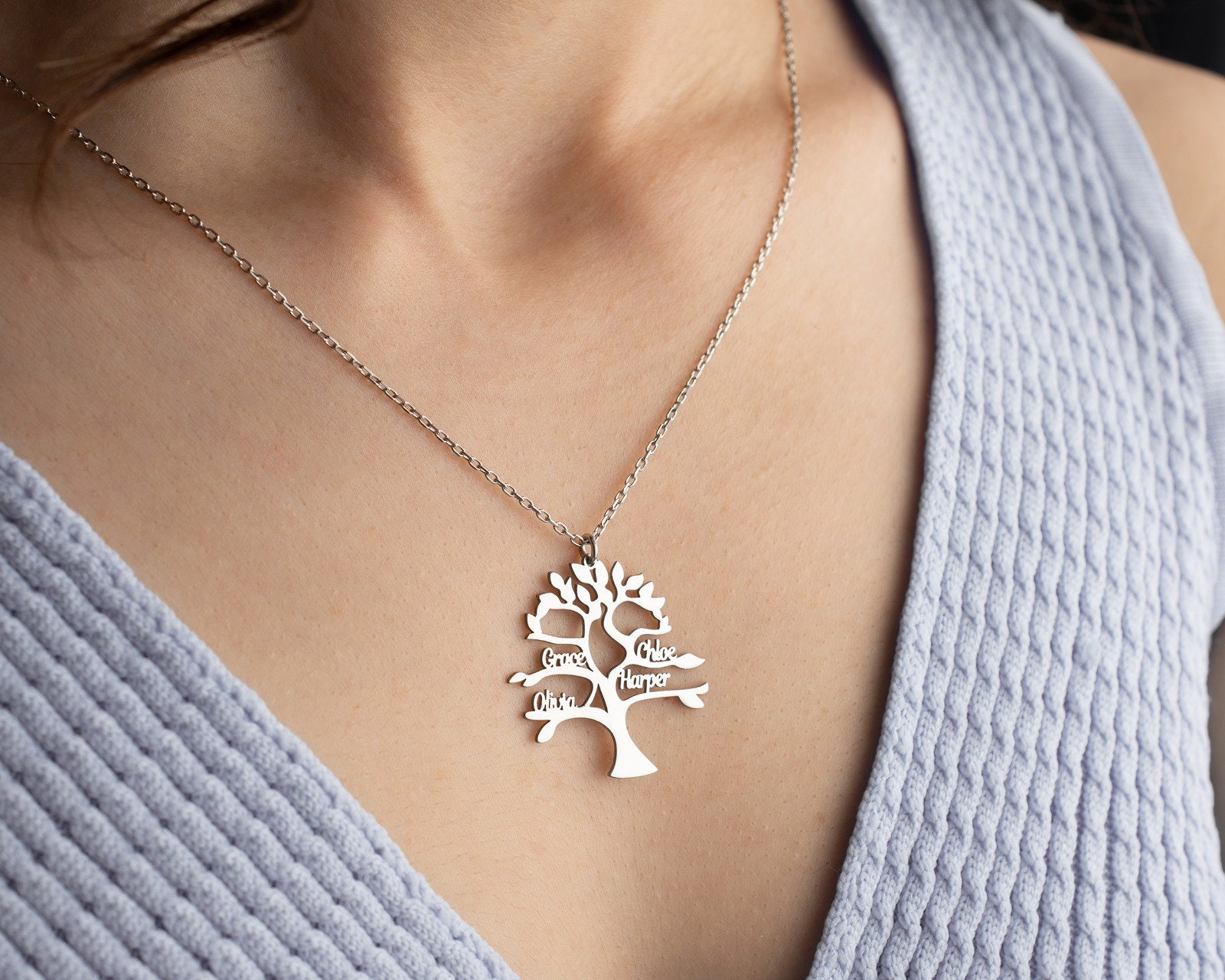 14K Solid Gold Custom Family Tree Necklace Solid Gold Family Members ...