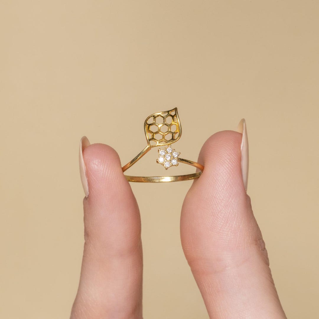 14K Solid Gold Flower Ring Real Gold Wedding Band Gold Anniversary Ring ...