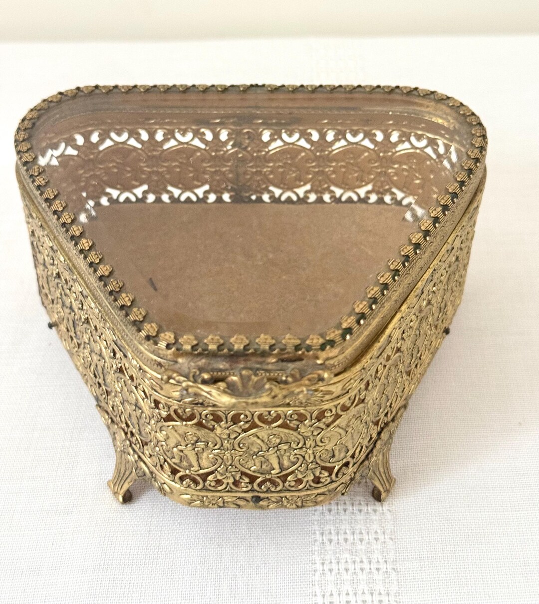 Vintage Gold Filigree Jewelry Casket With Cherubs & Beveled Glass Top ...